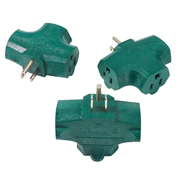 Heavy Duty Grounded Wall Plug 3 Way Green Tap T Shape Outlet Grounding ...