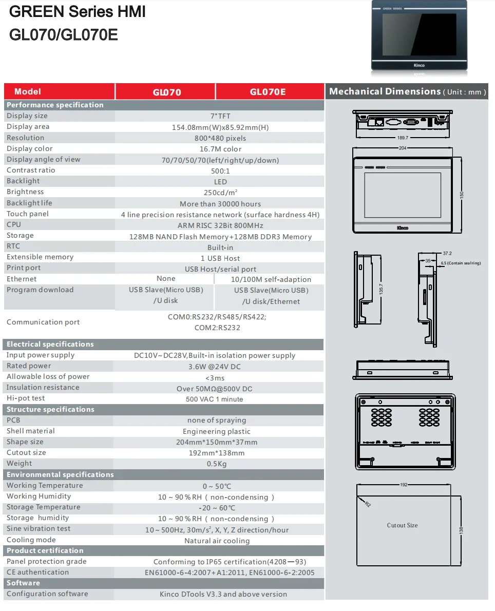 Kinco GL070E Ethernet HMI Touch Screen - 7 Inch CNC Interface