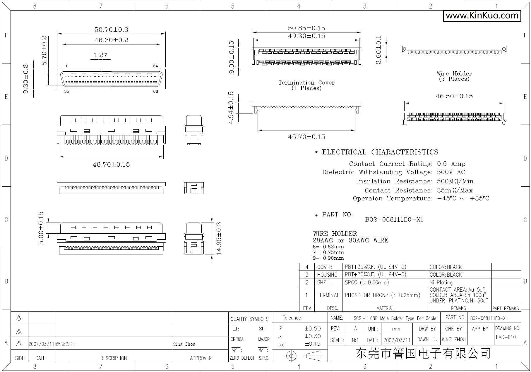 1.27mm SCSI DB 68pin Male Connector with Metal Hood