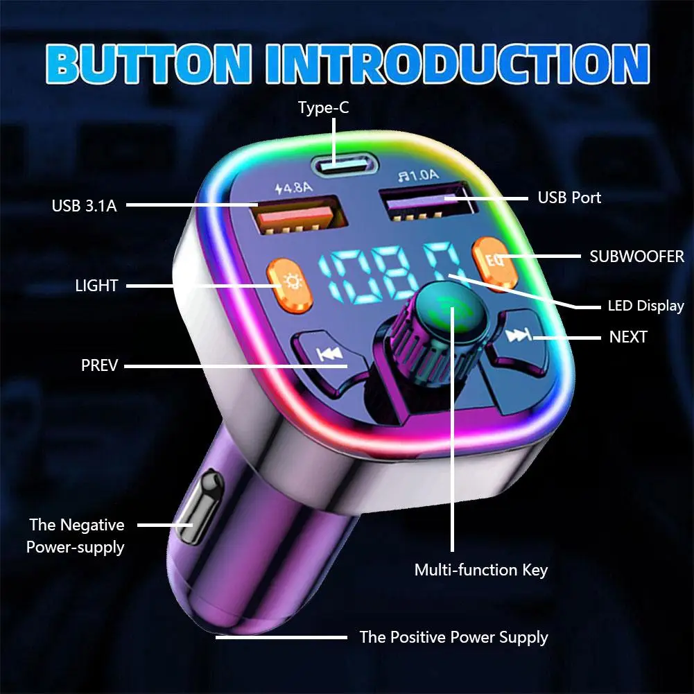 Car Pd Type-c Fast Charging Dual Usb Port BT5.0 Car Kit Wireless Fm ...