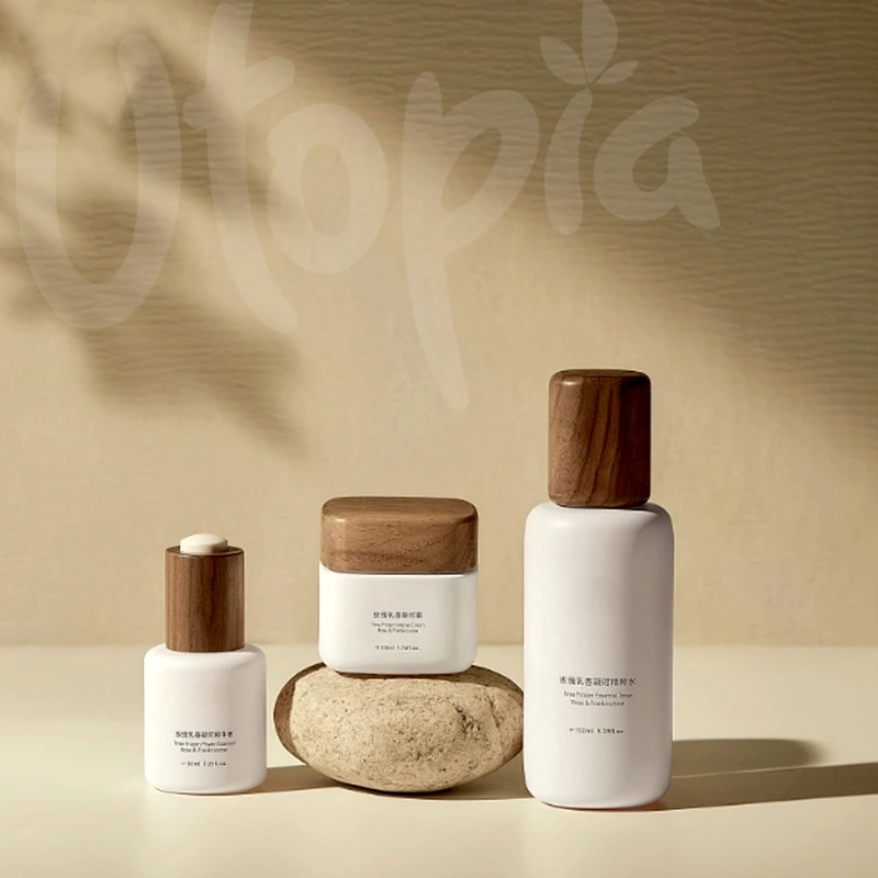 Modern Classic Cosmetics Set Glass Set Jar & Bottles Bamboo Wood Cap ...