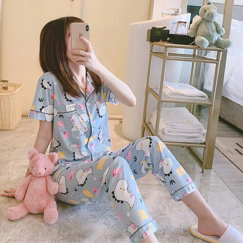 New Korean Sleepwear Pijamas Soft Loose Pyjamas Short Sleeve Long Pants ...