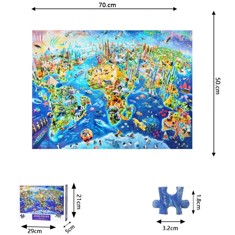 Cartoon World Landmarks Map Ocean Marine Animals Colorful Hd Print 1000 ...