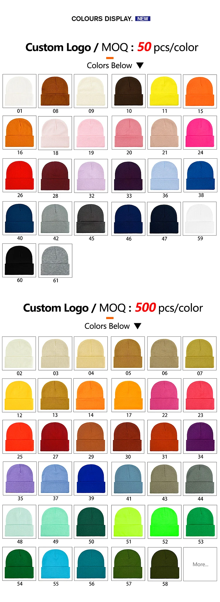 60 Colors Beanies - Custom Logo Embroidery Winter Hats
