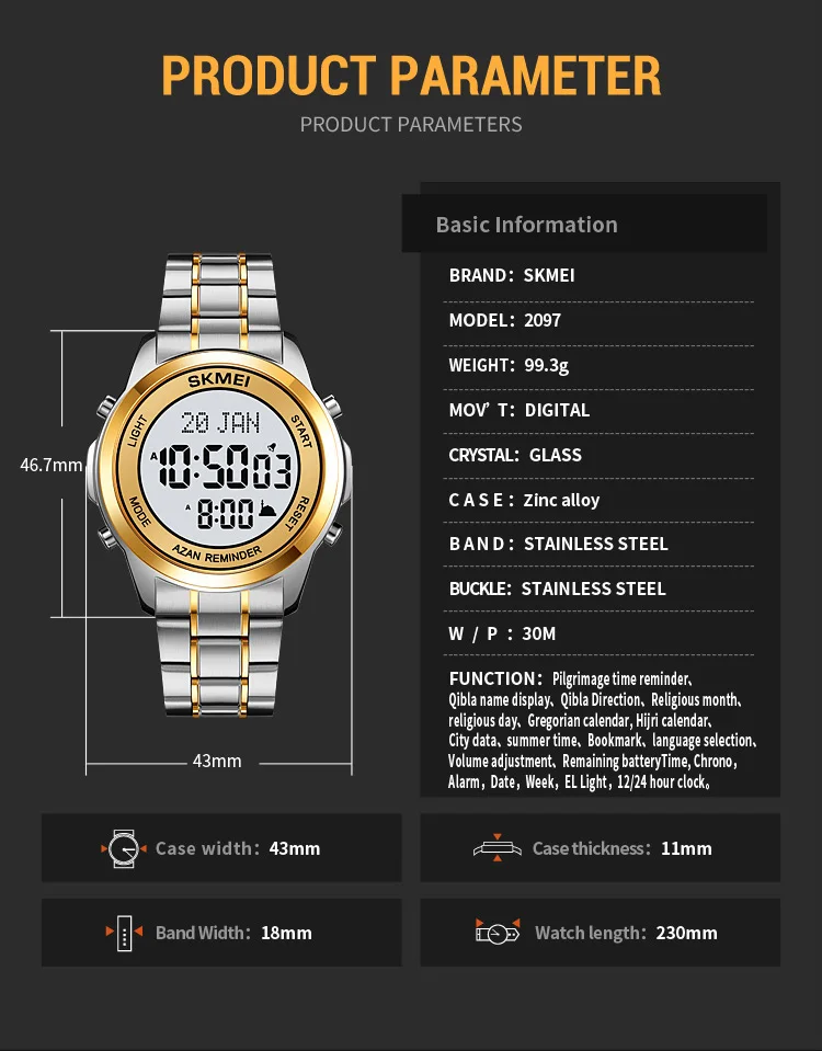 Arabic Stainless Steel Digital Watch for Muslim Prayers - Qibla ...