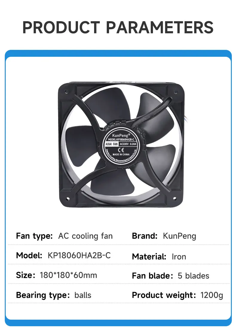 18060 220v High Air Flow Ac Axial Fan 180x180x60mm Metal Blade Ball ...
