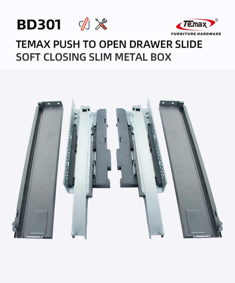 Temax BD301 Cabinet Soft Close Push to Open Metal Box Drawer Slide ...