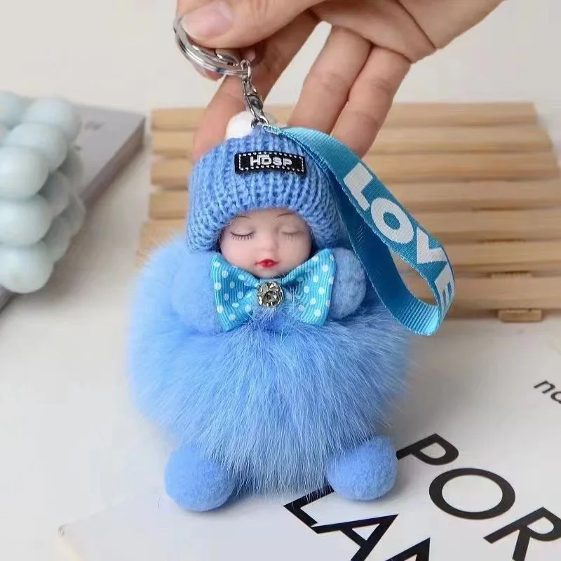 Sweet Cute Sleeping Baby Doll Keychain Pom Pom Rabbit Fur Ball Key ...