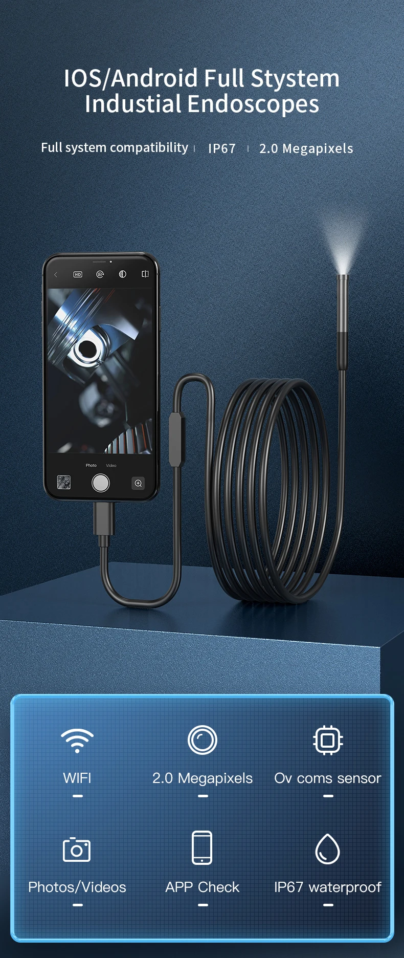 Anesok W300 8mm 1m Single Lens 1080P HD USB Industrial Video Endoscope ...