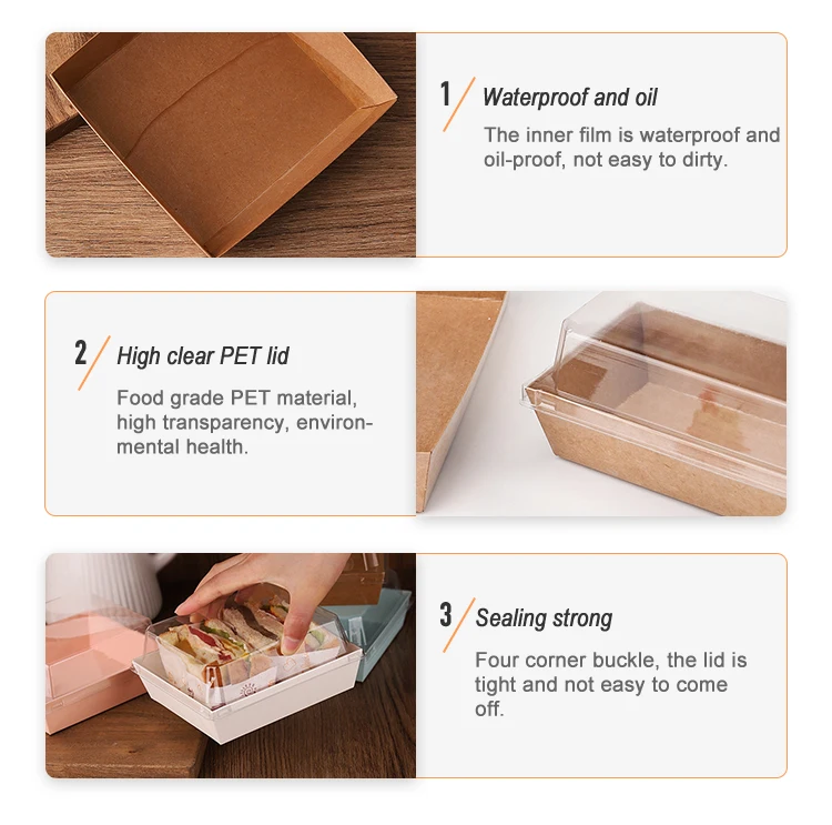 Disposable Kraft Paper Sandwich Boxes for Sushi Rigid Bakery Packaging ...