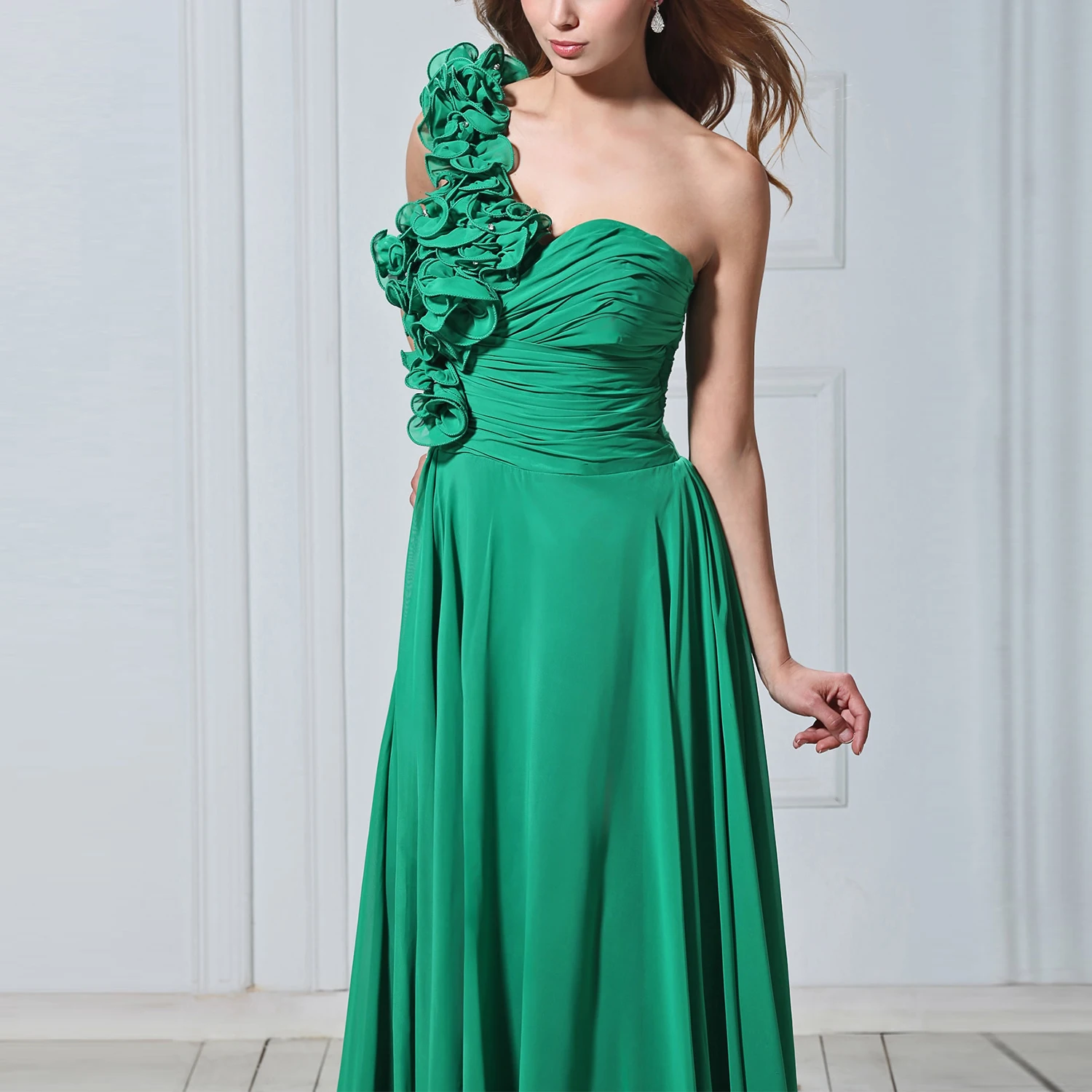 One Shoulder Designer Girl's Evening Gowns Hands Flowers Chiffon ...