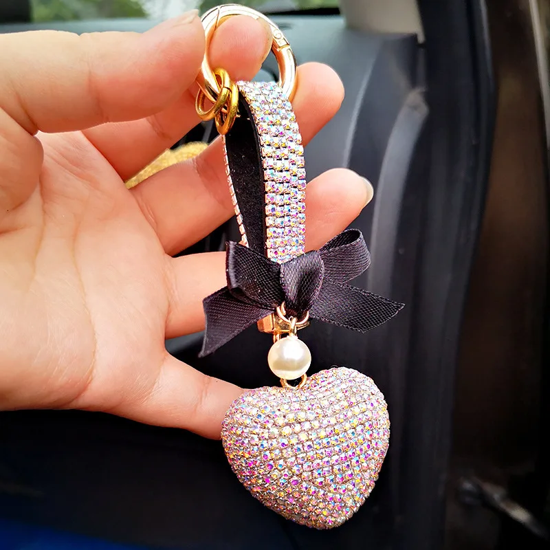 High Quality Crystal Heart Key Chain Rhinestone Leather Strap Handbag ...
