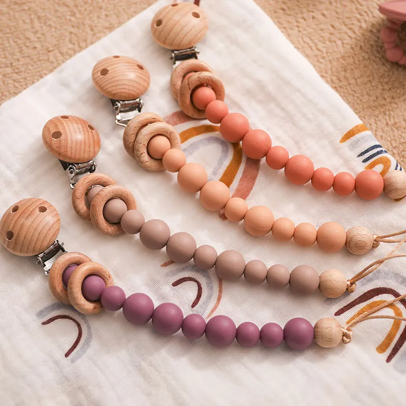 Custom Handmade Wooden BPA Free Silicone Beads Pacifier Chain