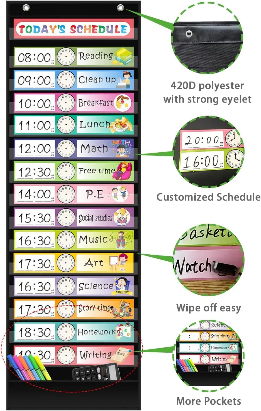 15-Pocket Daily Schedule Chart 30 Reusable Functional Storage Cards for ...