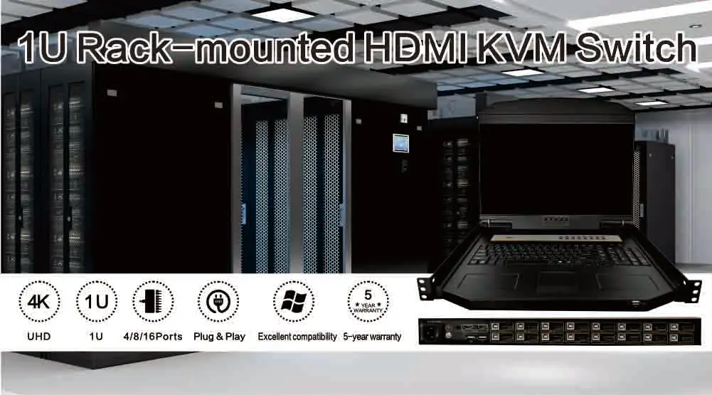 HDM 4K UHD 17.3/18.5 Inch 1U Rackmount KVM Switch with Hotkey OSD 4-8 ...