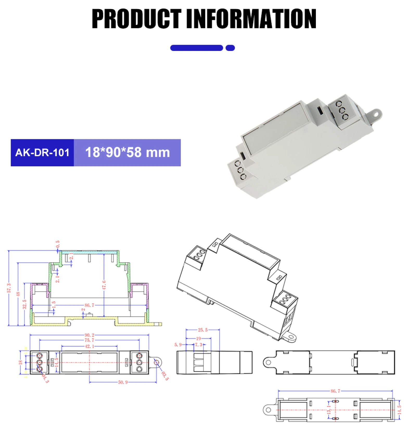 Din-rail Module Box 18.1x90.2x57.5mm Grey Polycarbonate Rnd Components ...