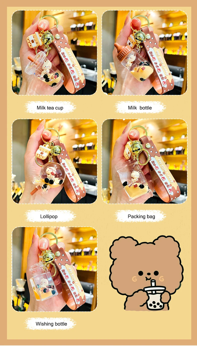 Cartoon Bubble Boba Milk Tea Keychain Liquid Oil Chubby Bear Kawaii ...