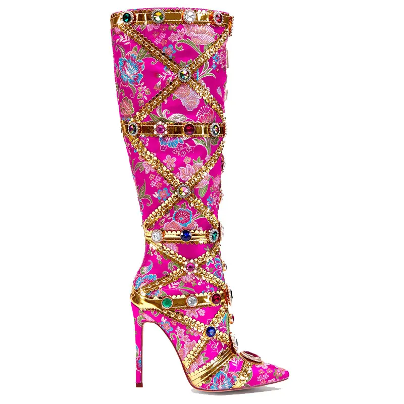 Colorful Diamonds Women's Knee High Print Boots Pointed Toe Metal Decor ...