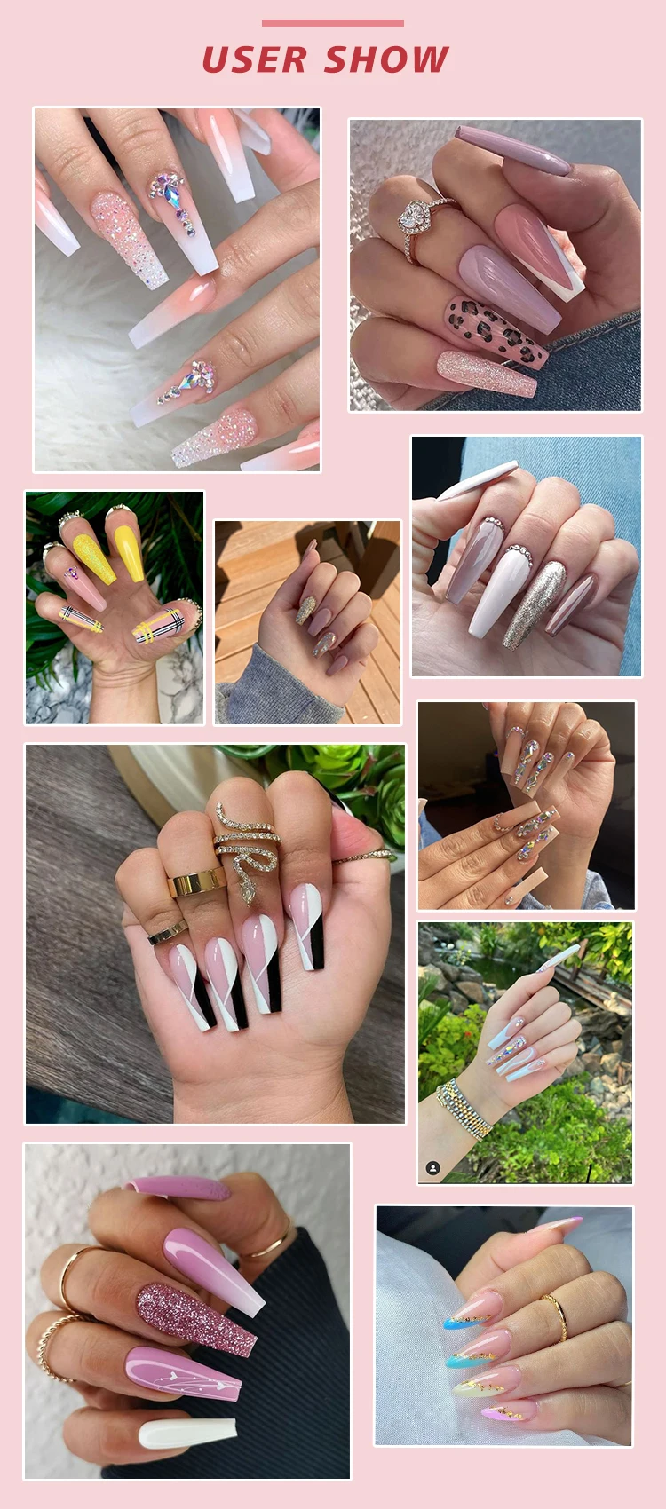 Press On Nails Luxury Coffin False Nails Art Acrylic French Artificial ...