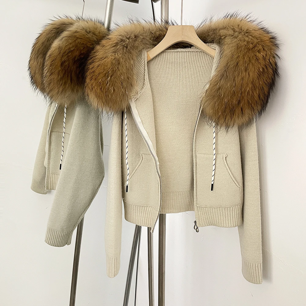 OFTBUY 2026 Real Raccoon Fur Knitwear Cotton Coat Women Cardigan ...