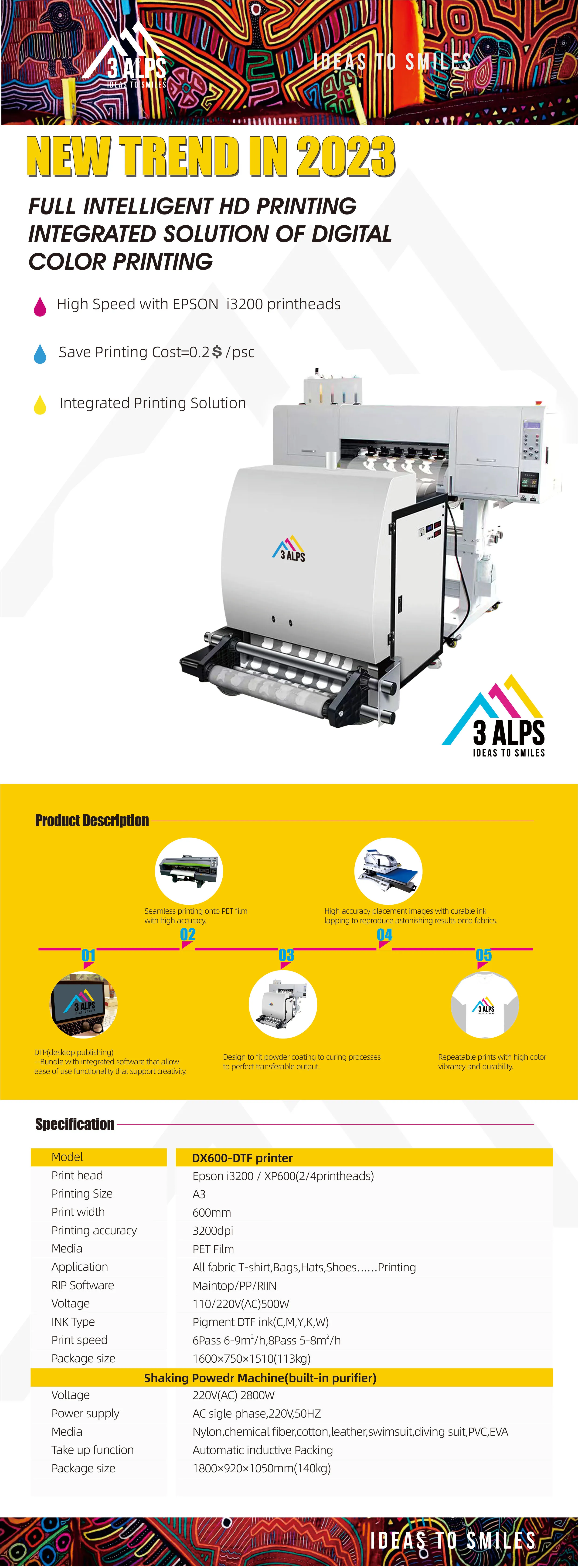 3ALPS A3 60cm 4-Head DTF Printer with Automatic Powder Shaking Machine ...