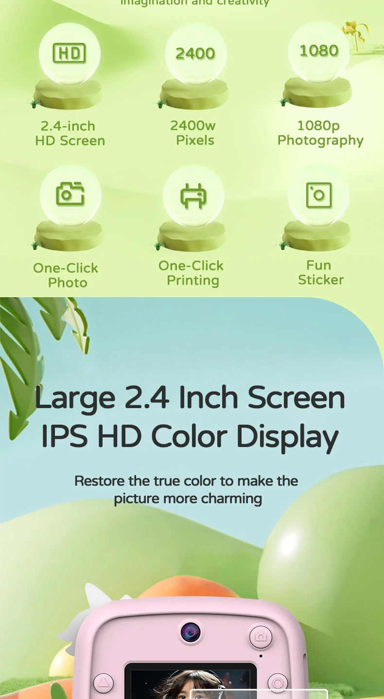 Kids Camera Instant Print With Mini Carton Camera 2.4 Inch IPS Screen ...
