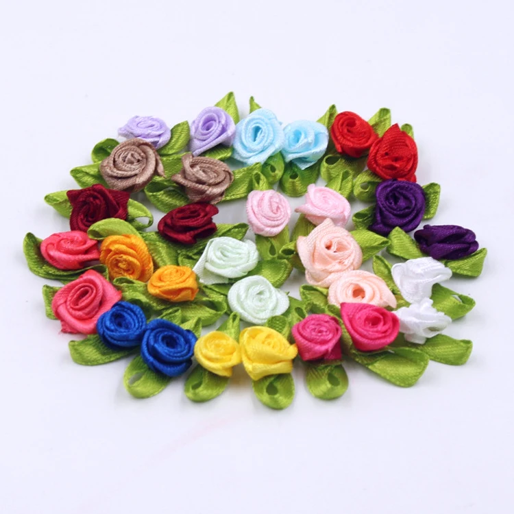 Artificial Fabric Ribbon Roses Flower With Leaf For Garment Accessories ...