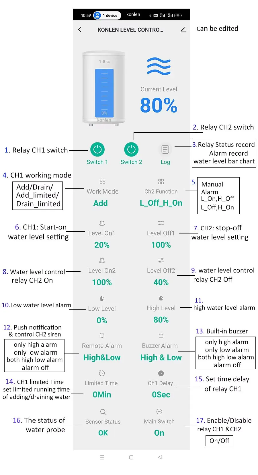 KONLEN Water Level Sensor - Smart Flood Alarm & Control