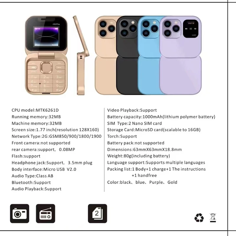I16 Pro Mini Fold Mobile Phone - Dual SIM, Gaming, & More