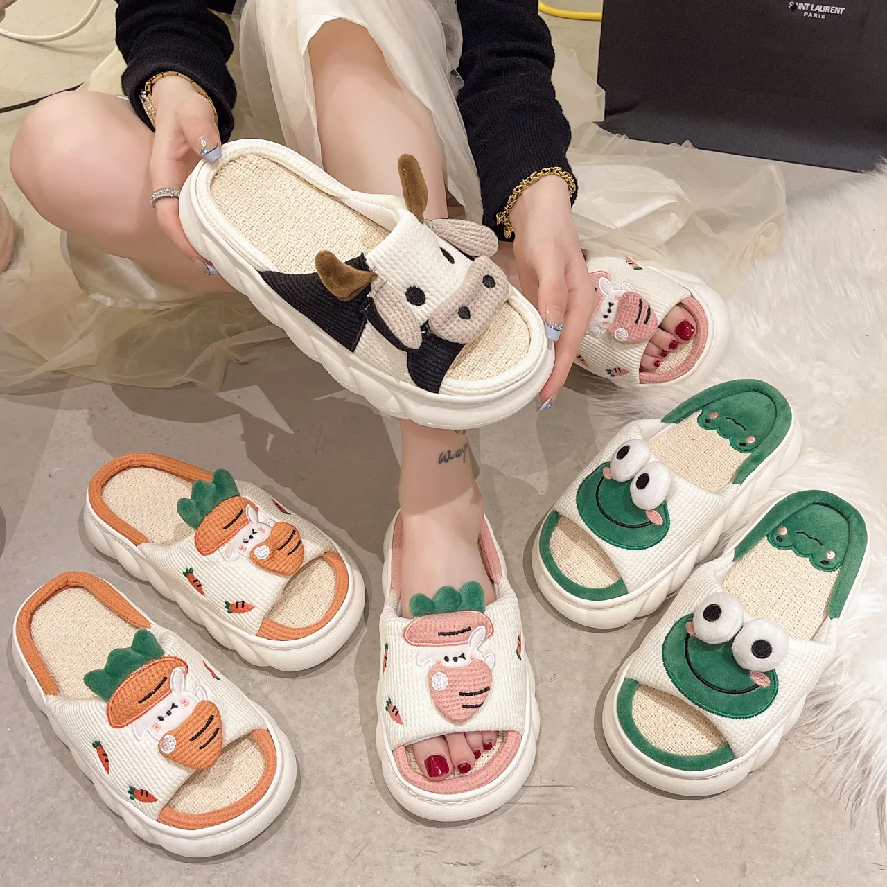 Cartoon Cow Animal Flax Slippers - Warm & Casual Winter