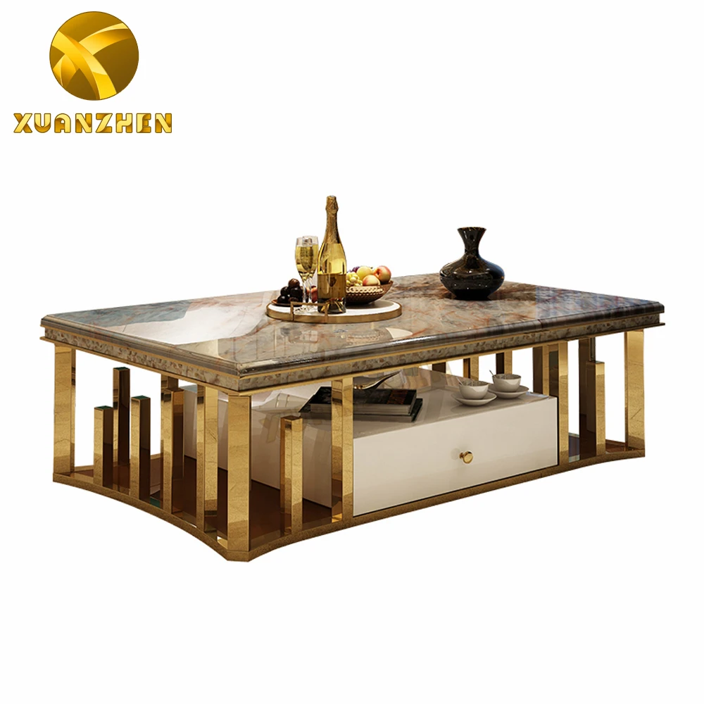 Luxury Home Living Room Furniture Marble Coffee Table Gold Metal Center ...
