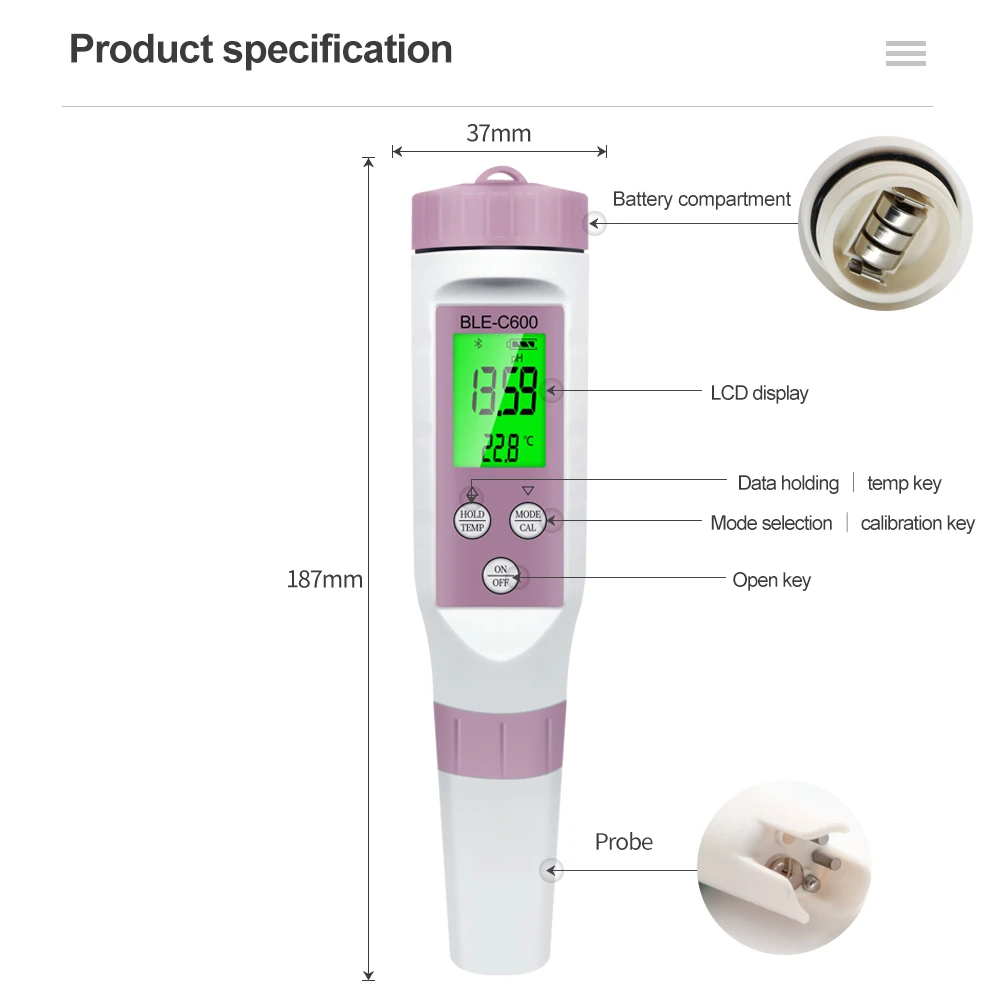 BLE-C600 Smart Bluetooth PH Meter - 7 in 1 Functionality