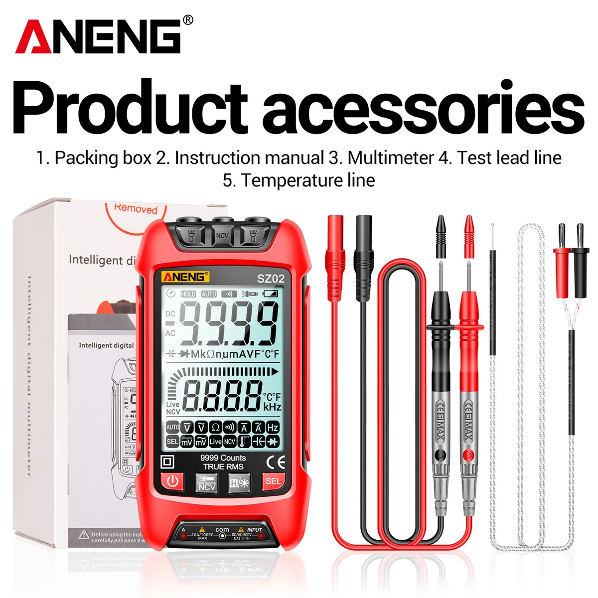 Aneng Sz02 Digital Multimeter Transistor Smart Testers 9999 Counts True ...