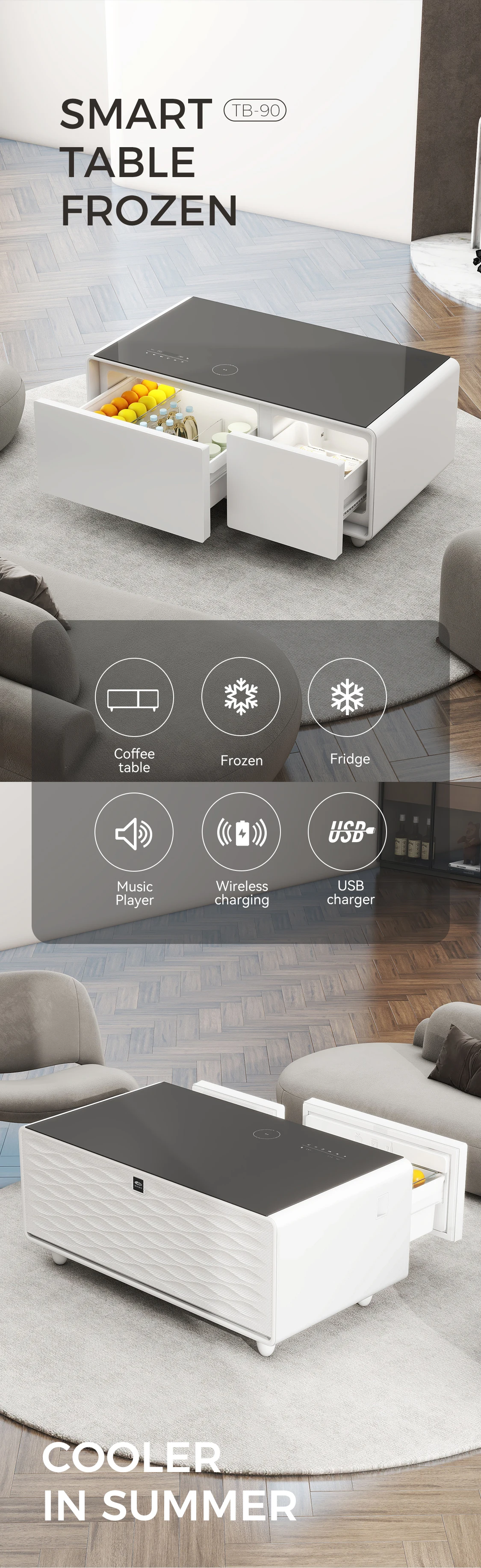Smart Coffee Table with Mini Bar Fridge - Dual Glass Door