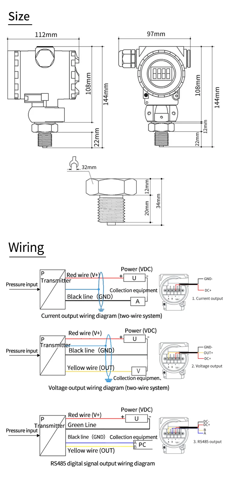 2088 Diffusion Silicon Pressure Sensor 4-20ma 0-10v Rs485 Output ...