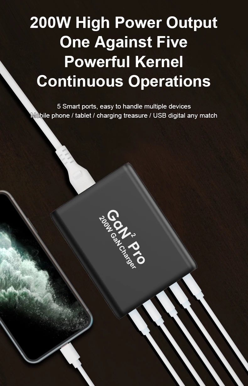High Power Gan 200w 5 Ports Desktop Charger Multifunction Pd Qc3.0 Fast ...