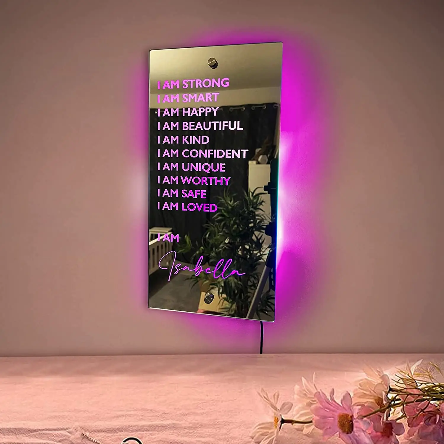 Personalized 10 Self-Affirming Mirror Sentences with LED Lights