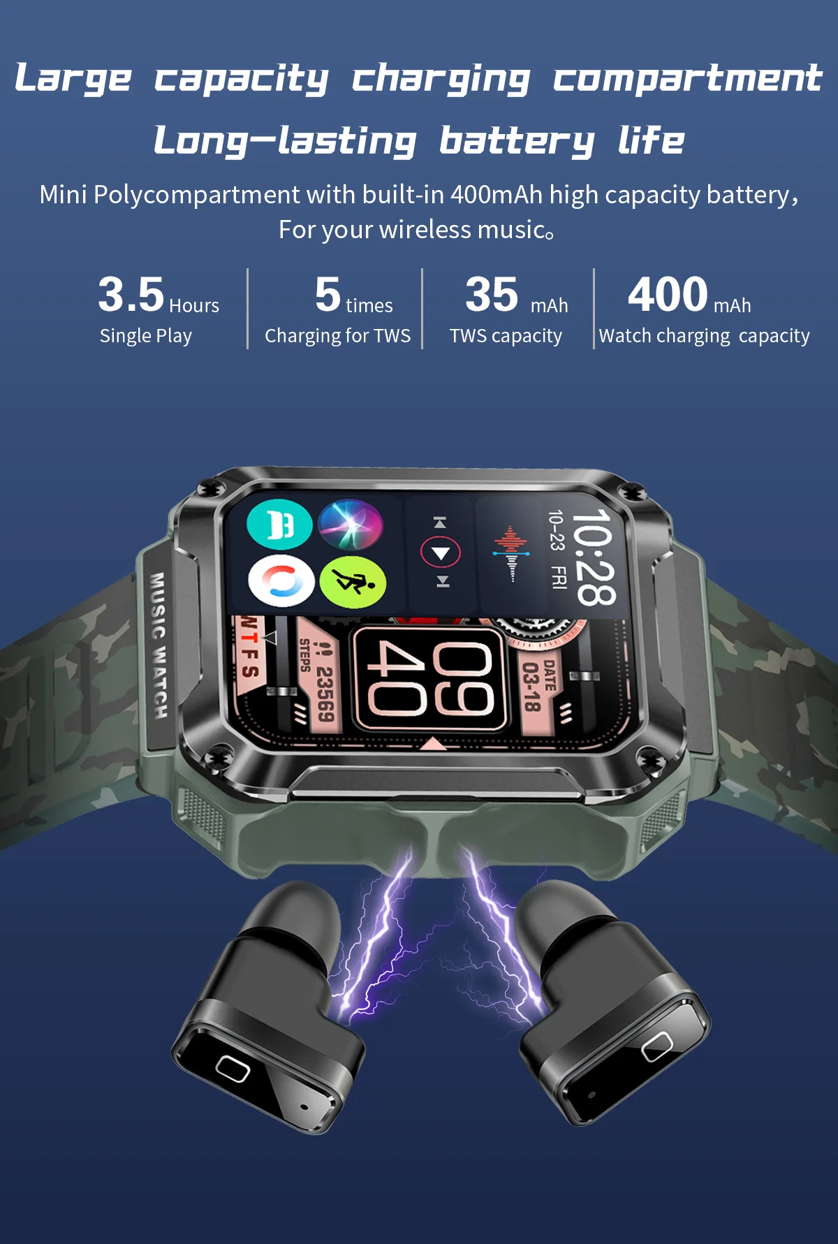 SENBONO T93 Smart Watch - 1.96" Screen, BT Call Earbuds