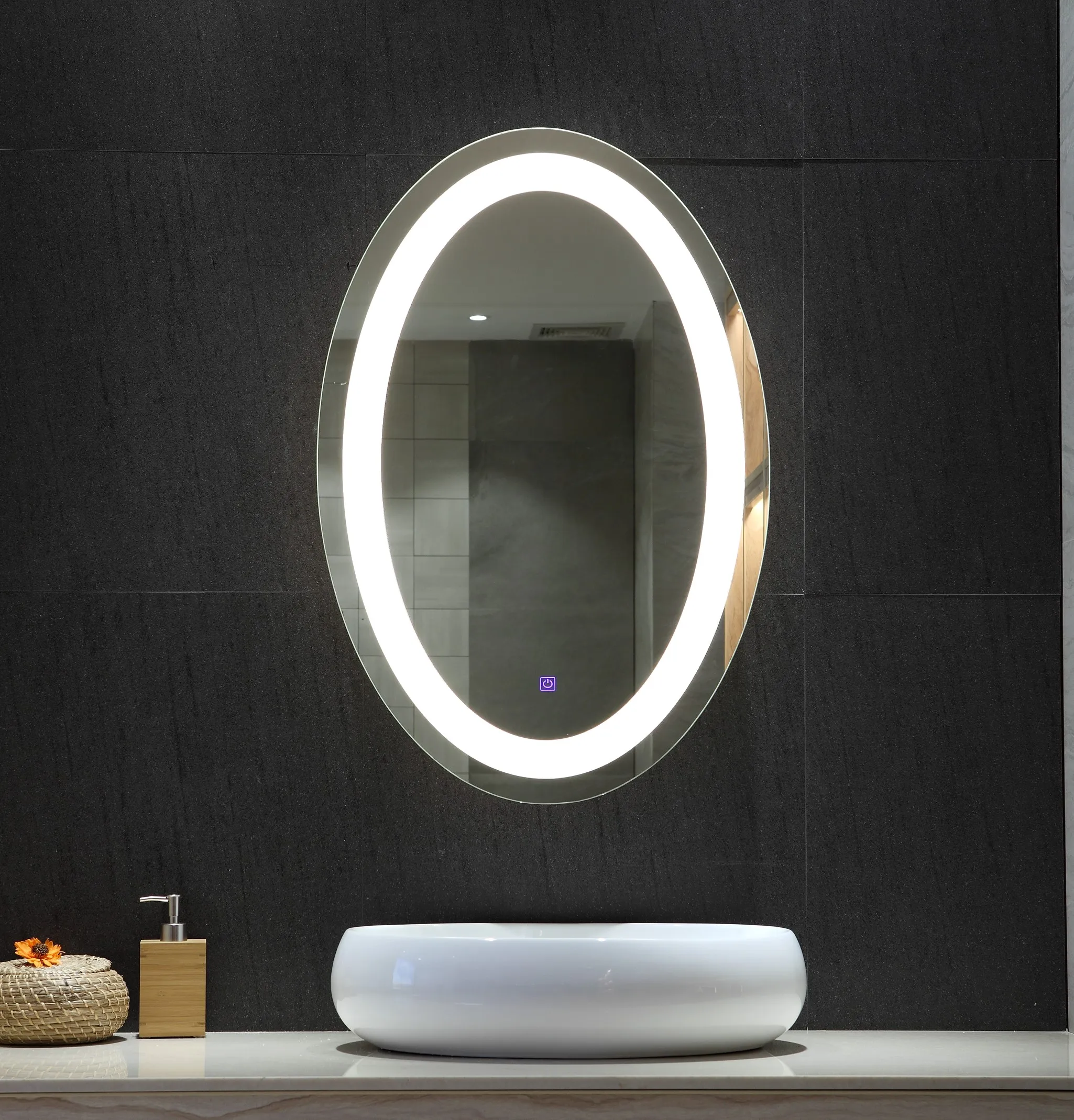 Factory Glass Furniture Oval Shape Touch Screen Smart Vanity Led Light ...