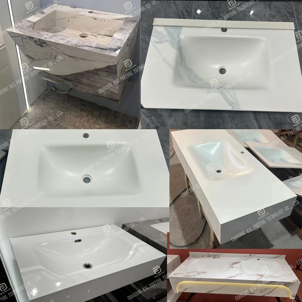 Washroom Rock Slab Hot Bending Integrated Wash Basin Vanity Cabinet ...