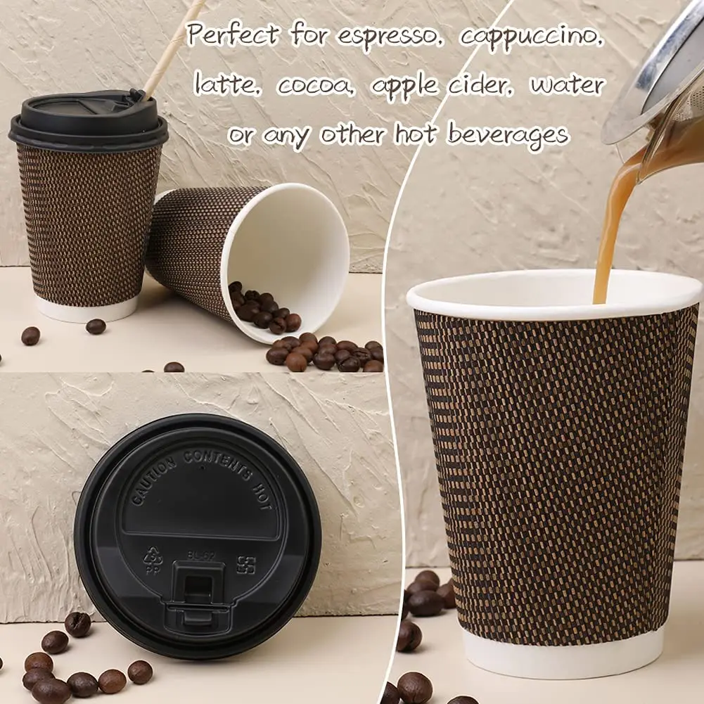 12oz Double Ripple Wall Recyclable Print Lid Paper Coffee Cup With ...
