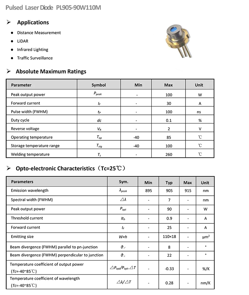 905nm 90w Pulsed Laser Diode Pld To Package For Laser Rangefinder Lidar - Buy 905nm Pld 90w 120w ...