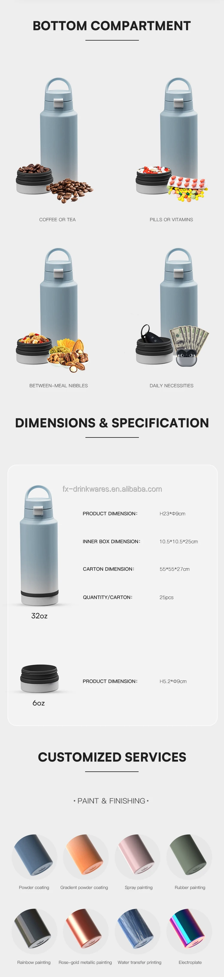 Dual Chamber Water Bottle - 40oz Stainless Steel
