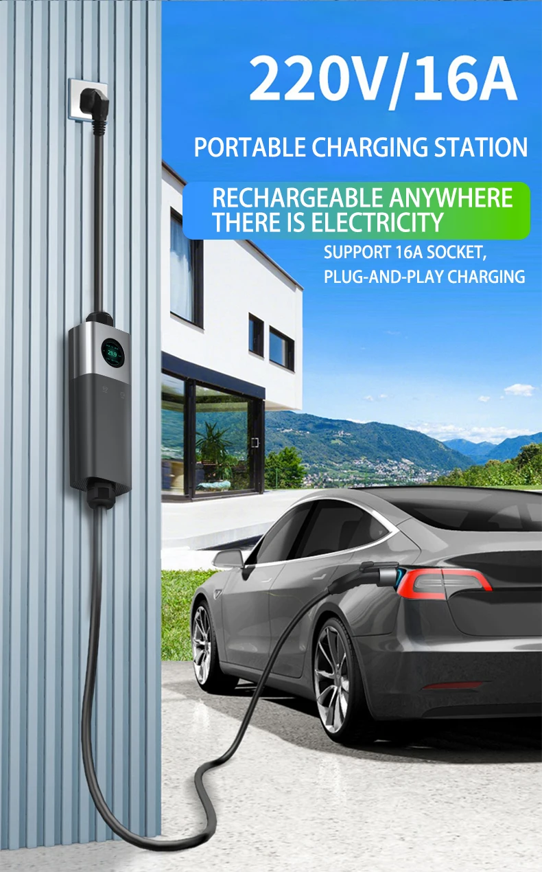 11kw 16a 3 Phase Ev Portable Charger Type2 5m Cable Evse Electric Car ...