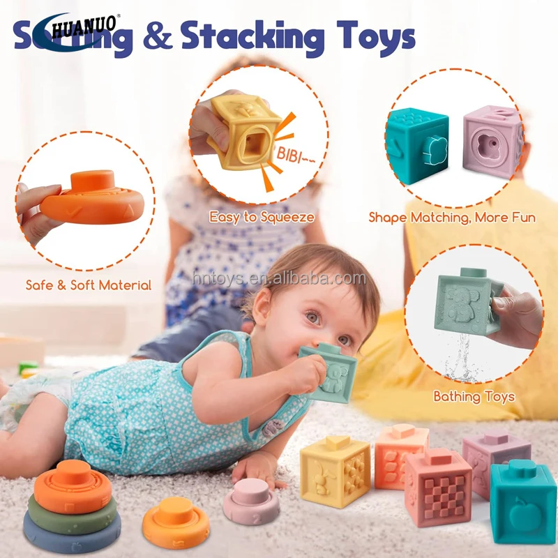 Pull String Stacking Blocks Sensory Shapes Storage Bin Infant Bath Time ...