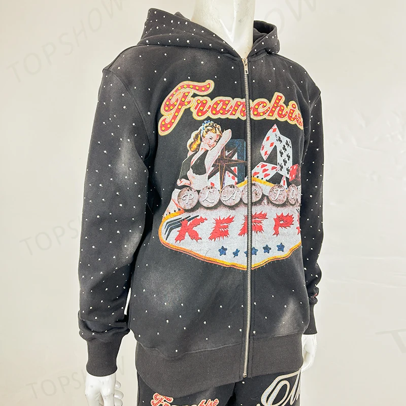 Streetwear Rhinestone Acid Wash Sweatsuit Cotton Flare