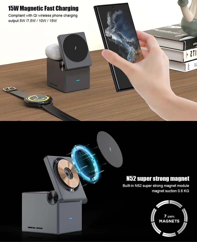 3in1 Cube 15w Fast Charging Station Qi2 3 In 1 Magnetic Wireless