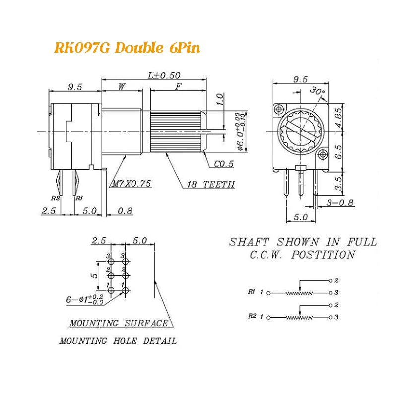 RK097NS single double small potentiometer B5K/10K/20K/50K/100K 15mm ...