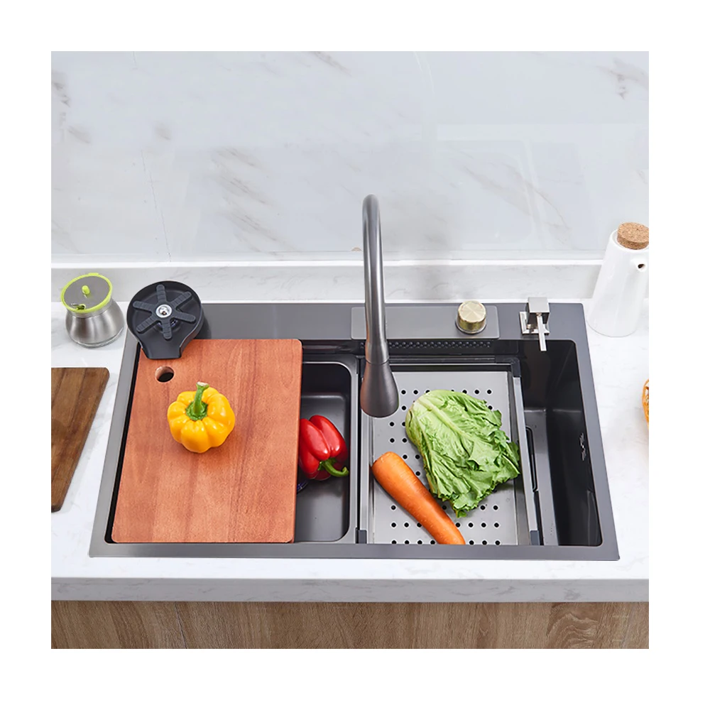 304 Stainless Steel Single Hidden Kitchen Sink With Waterfall Faucet ...