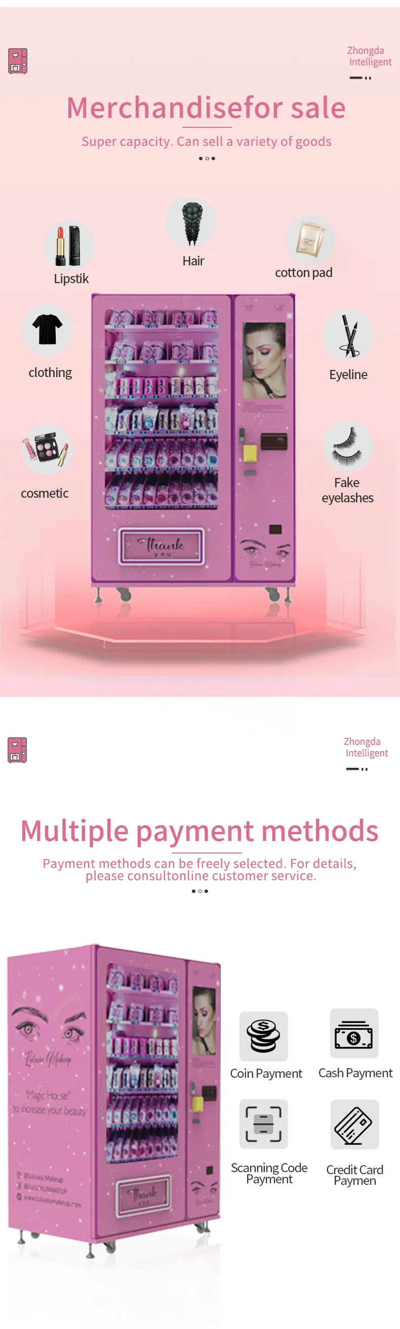 Cosmetics Design Pink Lash Vending Machine with Card Reader